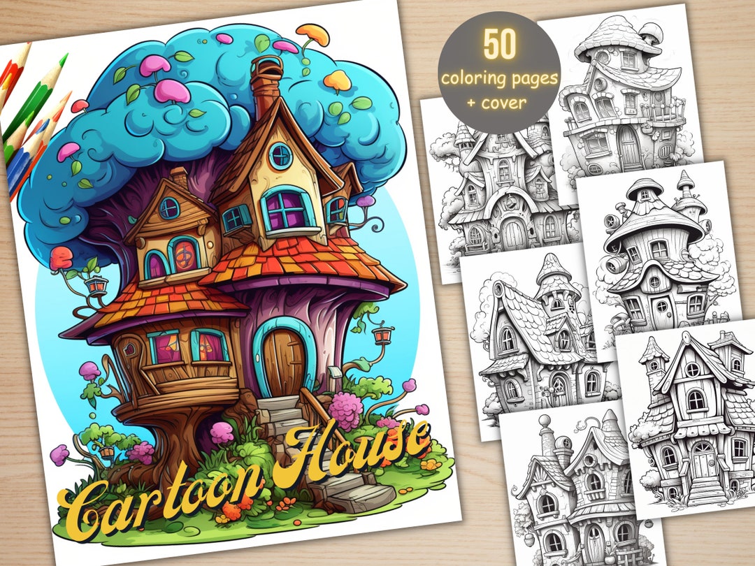 50 Cartoon House Coloring Book, Printable Fantasy Cute House Coloring ...