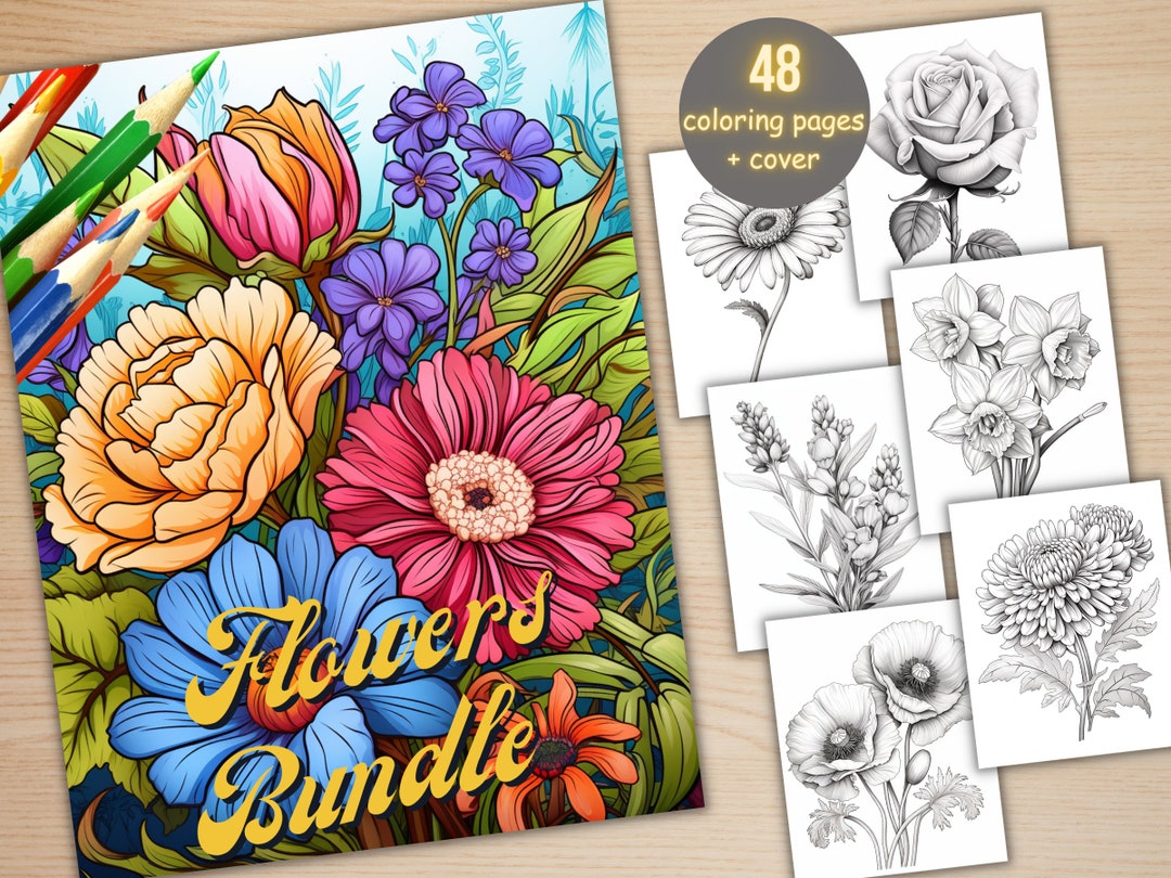 48 Realistic Flowers Collection Coloring Book, Printable PDF, Flower ...