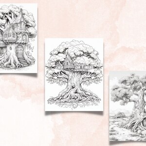 50 Fantasy Tree Coloring Book, Printable Enchanted Tree House Coloring ...