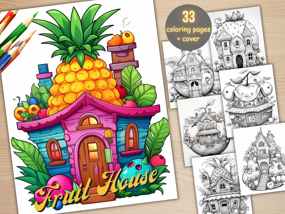 33 Fruit Houses Coloring Book, Printable Fantasy Cute Kawaii House ...