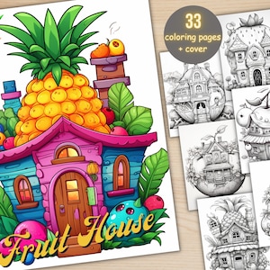 33 Fruit Houses Coloring Book, Printable Fantasy Cute Kawaii House ...