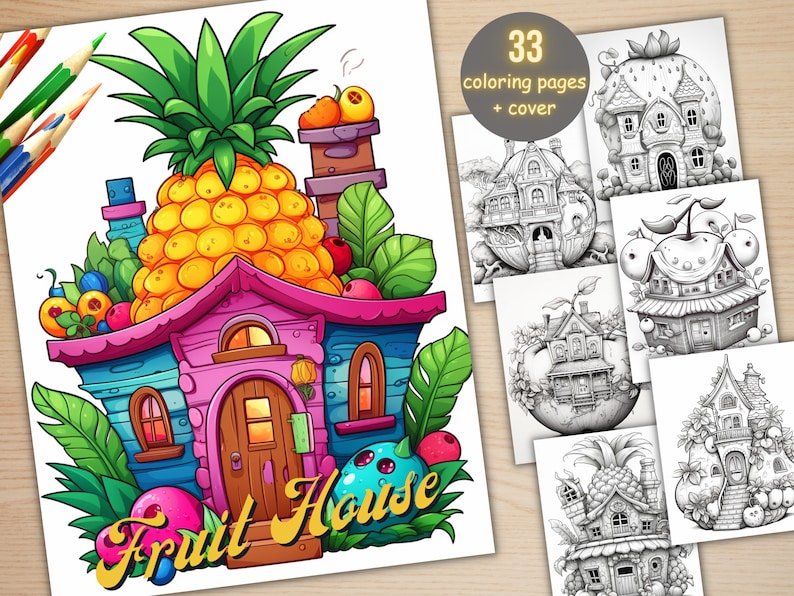 33 Fruit Houses Coloring Book Printable Fantasy Cute Kawaii - Etsy
