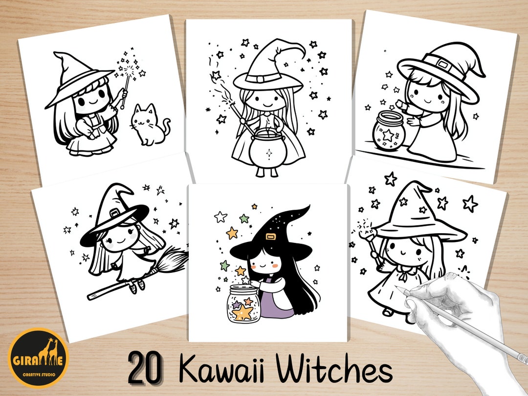Kawaii Witch Coloring Pages, Bold and Easy Coloring Book, Cute Witch ...