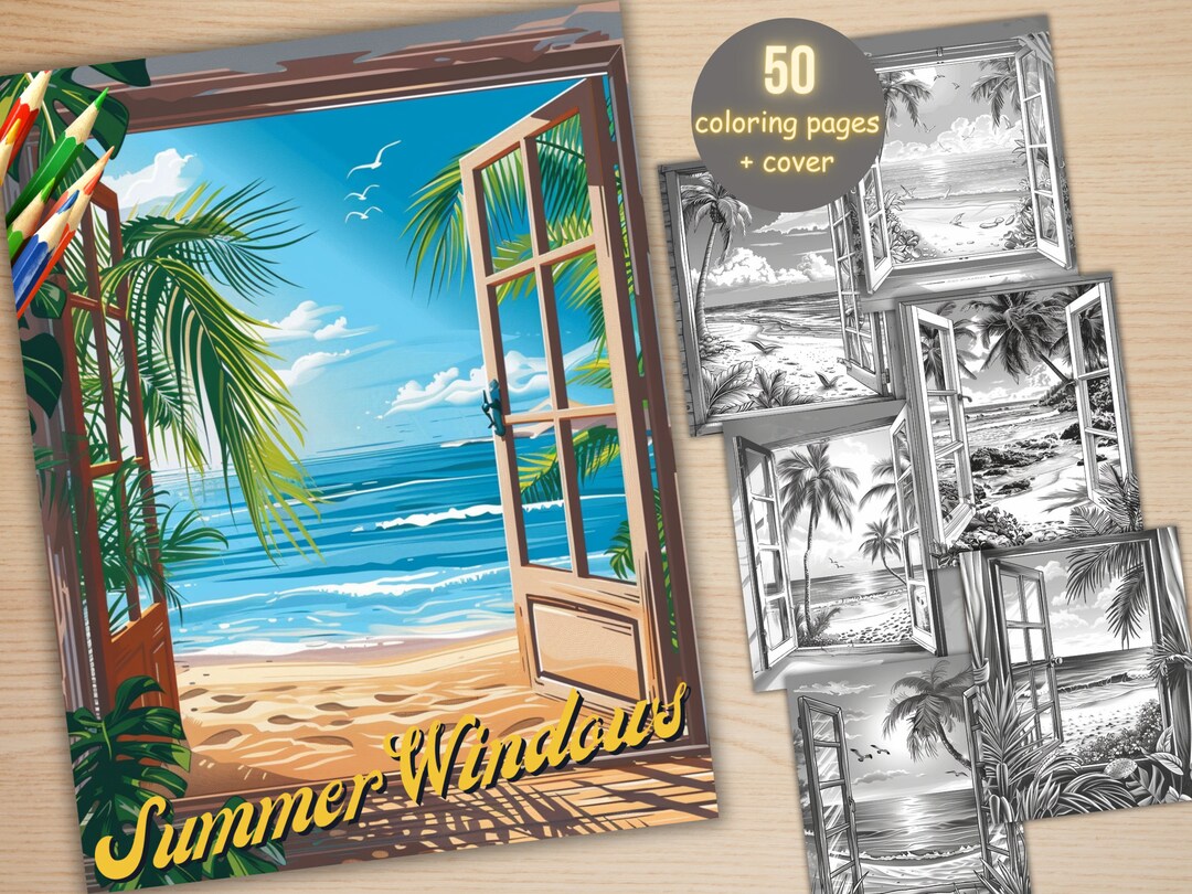 50 Summer Windows Coloring Book, Printable Beach Window Coloring Pages ...