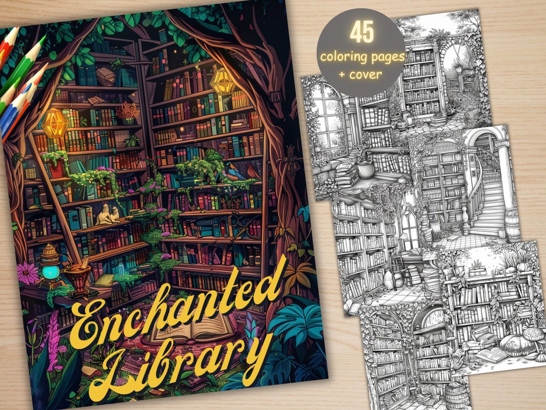 45 Enchanted Library Coloring Book, Printable Fantasy Library Interior ...