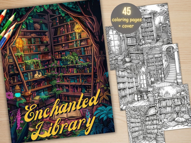 45 Enchanted Library Coloring Book, Printable Fantasy Library Interior ...