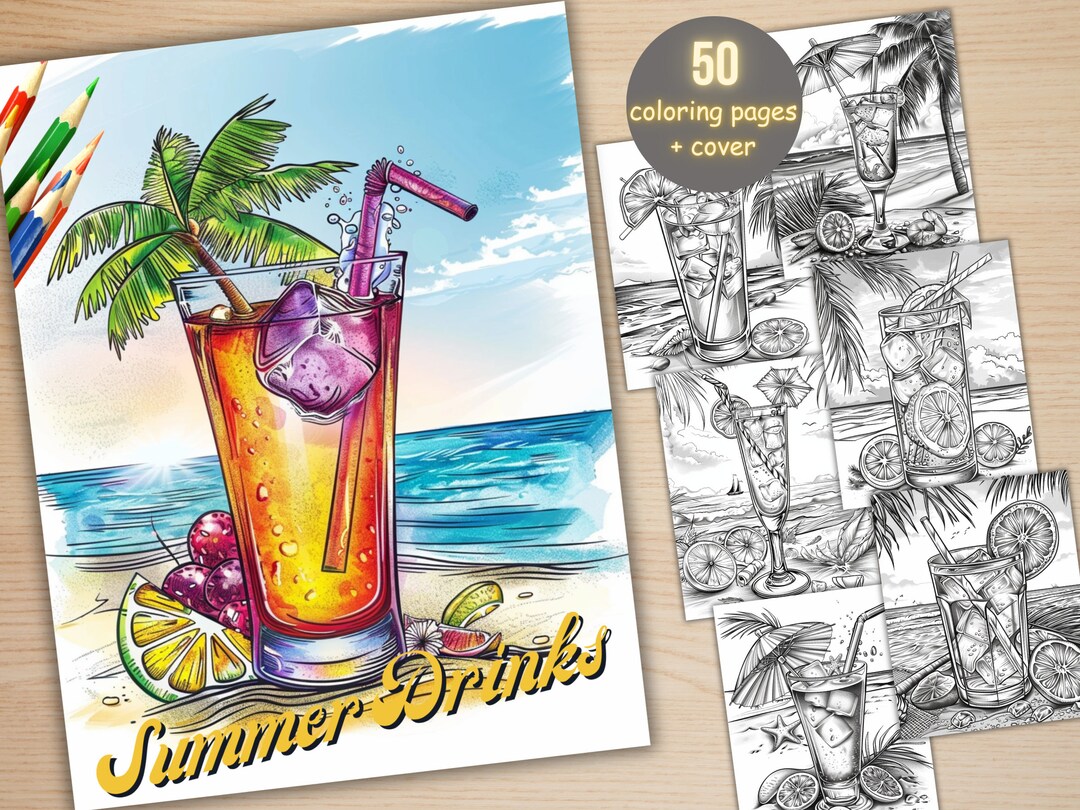 50 Summer Beach Drinks Coloring Book, Printable Beach Cocktail Coloring ...