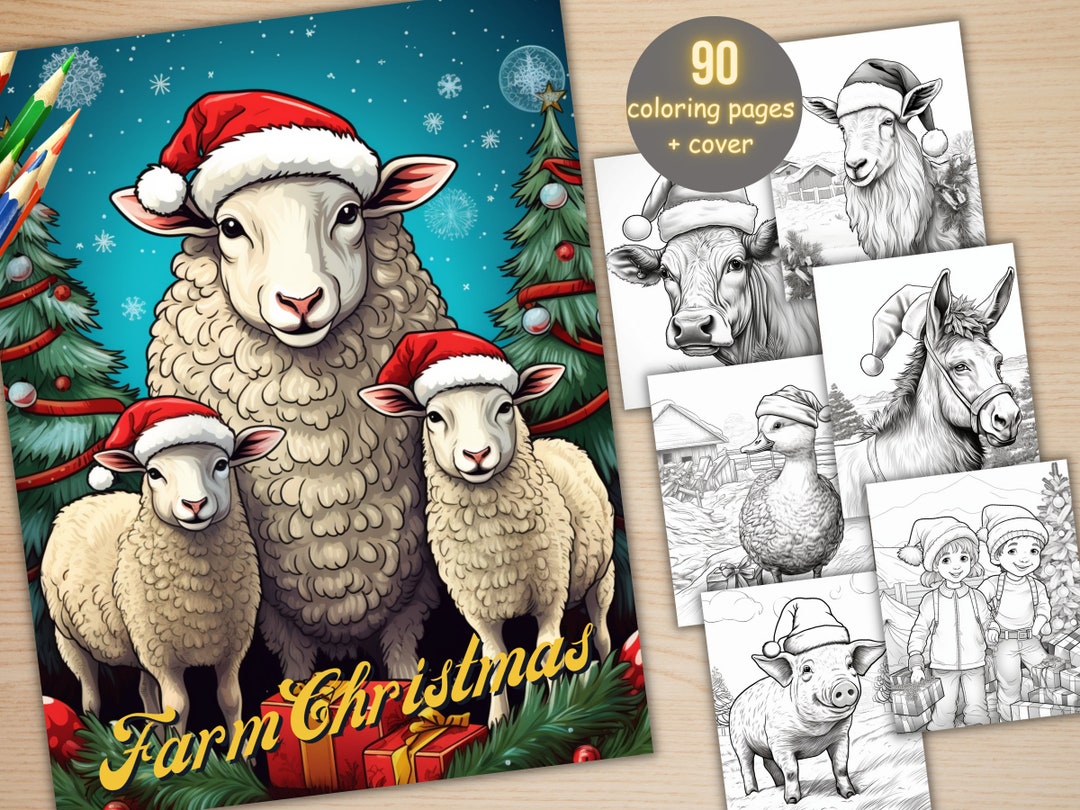 90 Farm Christmas Coloring Book, Printable Xmas Noel Cottage Coloring ...