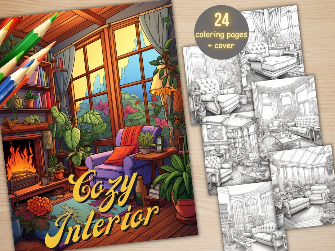 24 Cozy Room Interior Design Coloring Book, Printable PDF, Boho ...