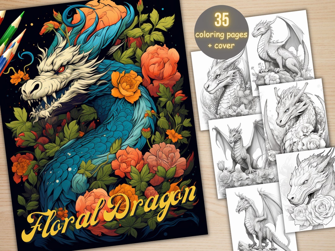 35 Floral Dragon Coloring Book, Printable Flower Forest Dragon Coloring ...
