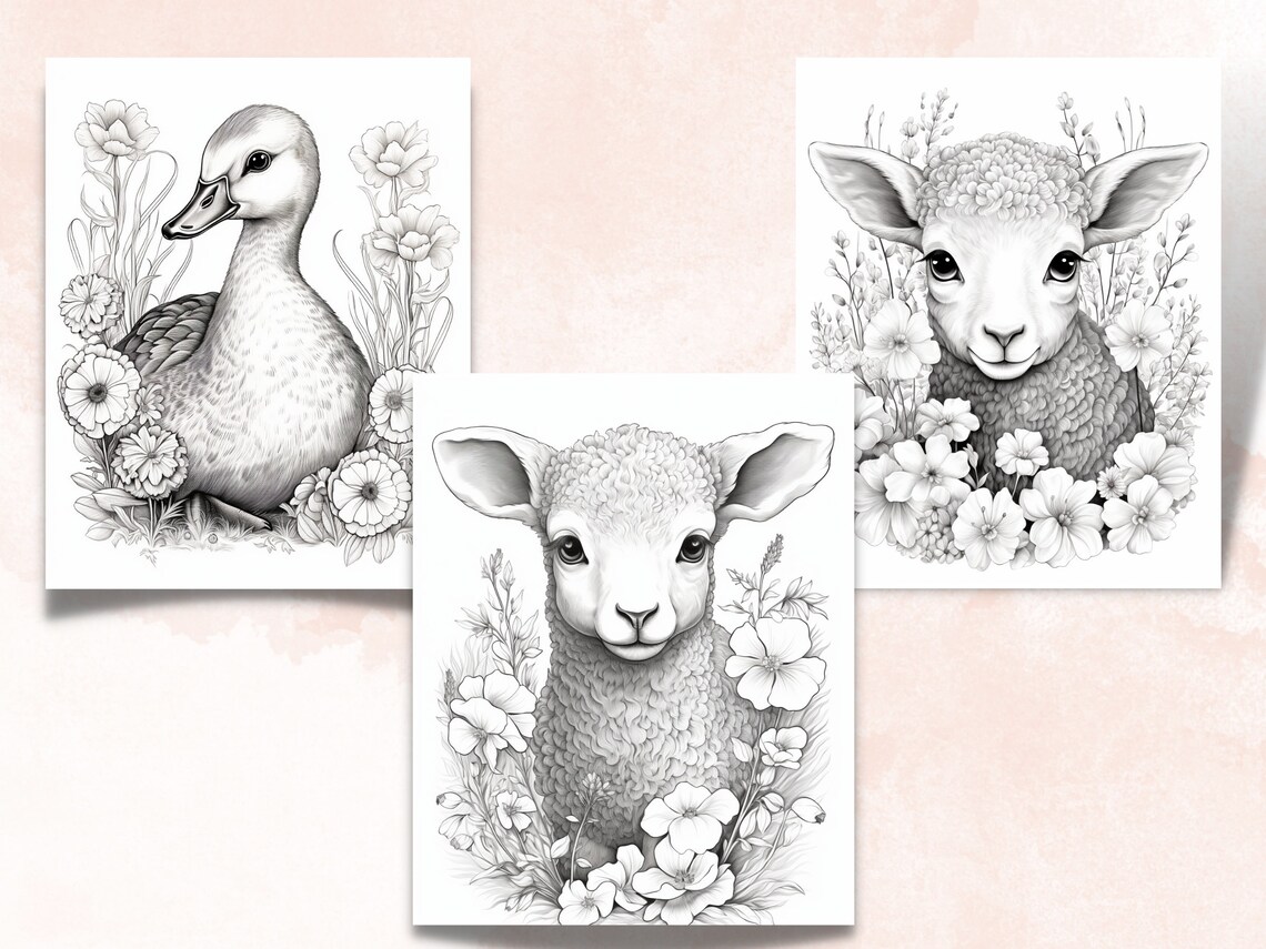 42 Floral Little Farm Animals Coloring Book, Printable Cute Baby Farm ...