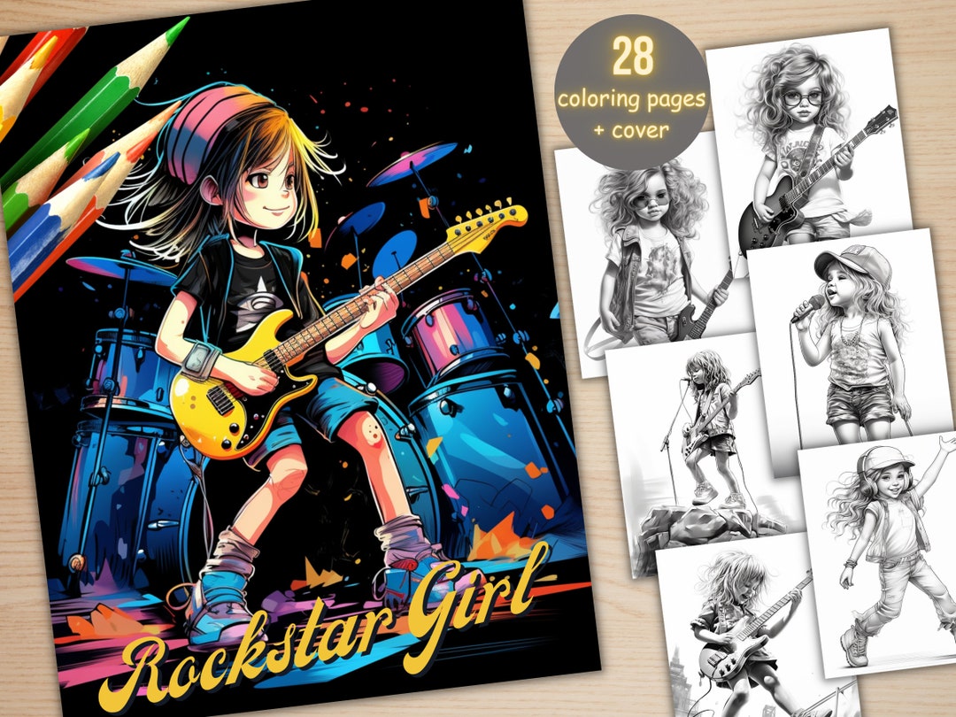 28 Rockstar Girl Coloring Book, Printable PDF, Little Cute Punk Style ...