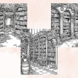 45 Enchanted Library Coloring Book, Printable Fantasy Library Interior ...