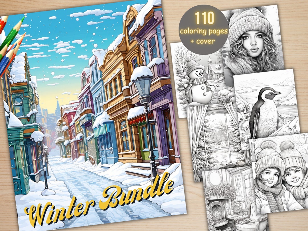 110 Winter Bundle Coloring Book, Printable Cozy Winter Scenes Coloring ...