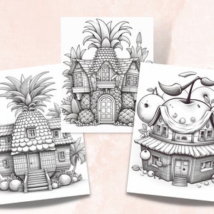 33 Fruit Houses Coloring Book, Printable Fantasy Cute Kawaii House ...