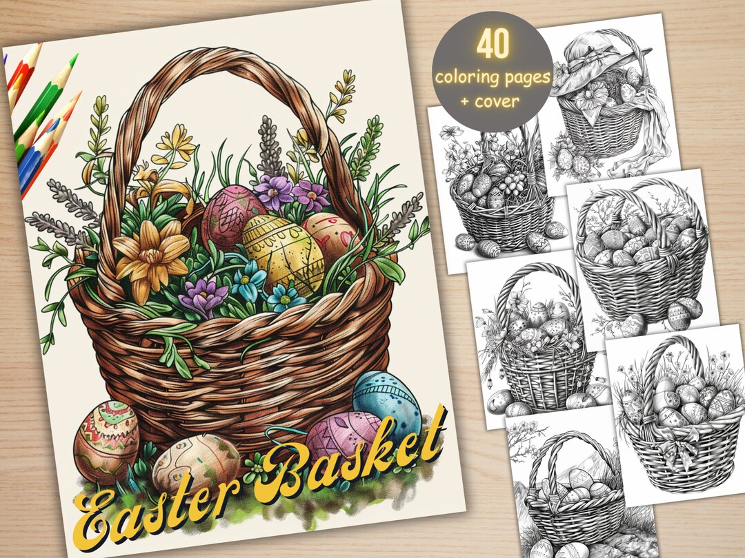 40 Easter Basket Coloring Book, Printable Easter Flowers Scenes ...
