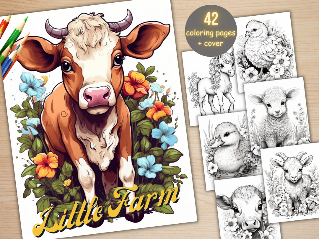 42 Floral Little Farm Animals Coloring Book, Printable Cute Baby Farm ...