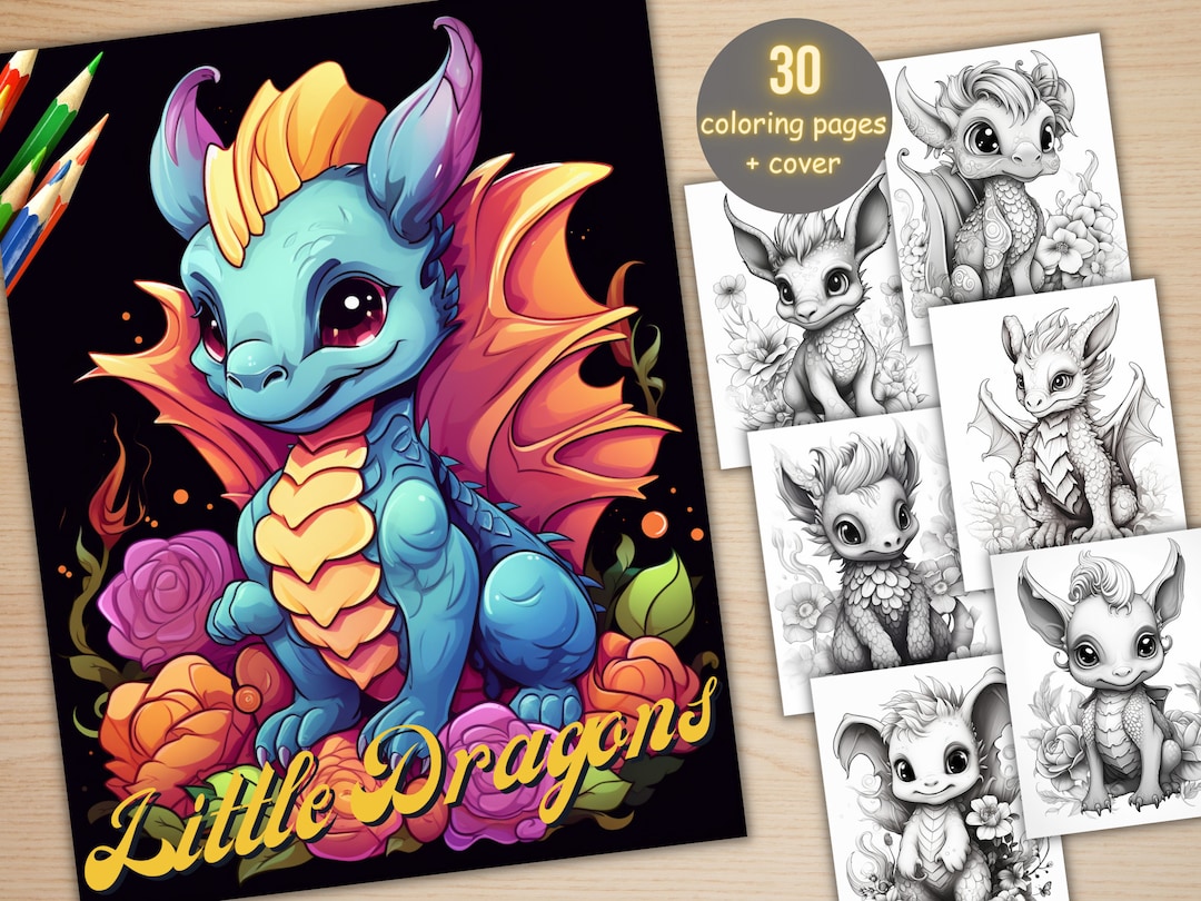 30 Little Dragons Coloring Book, Printable Cute Baby Dragon Coloring ...