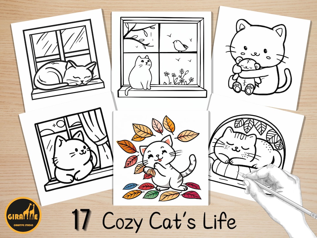 Bold and Easy Coloring Book, Cute Cat Life Coloring Pages, Cozy Animals ...