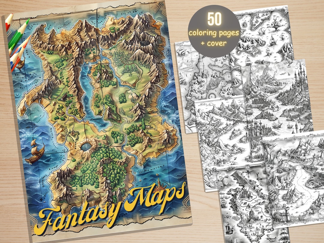 50 Fantasy Map Coloring Book, Printable PDF, Vintage Map Scenery ...