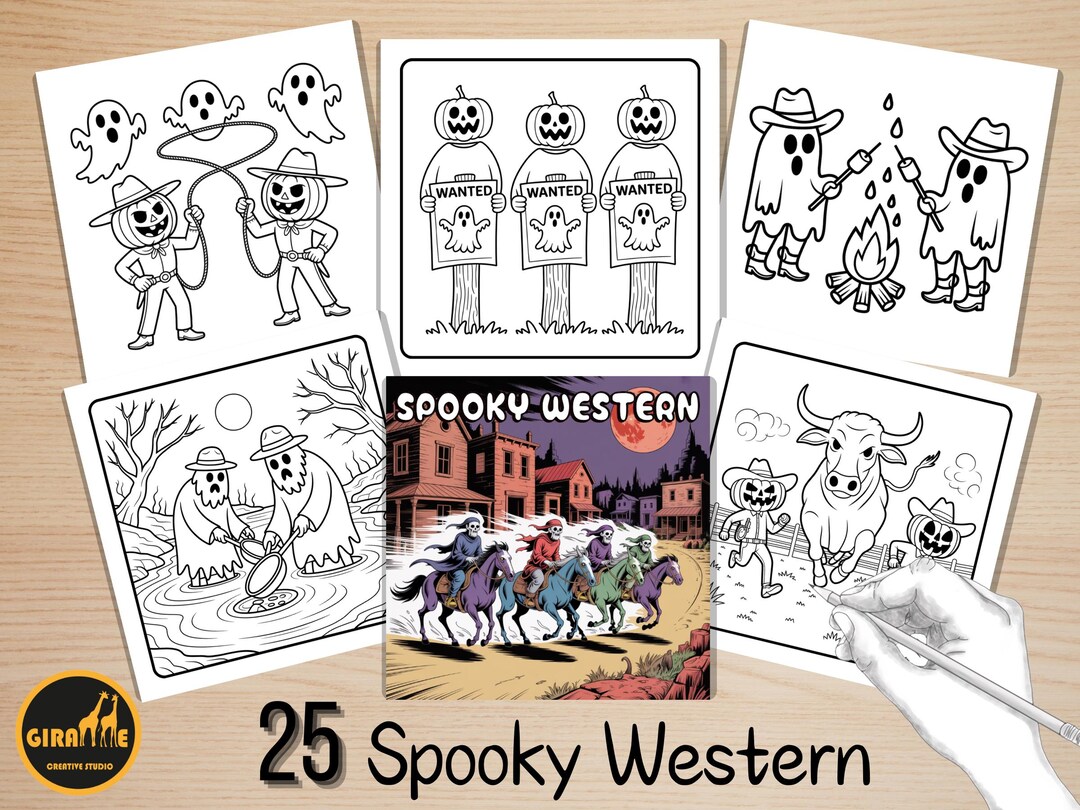 Spooky Western Coloring Book, Halloween Cowboy Coloring Pages, Cute ...