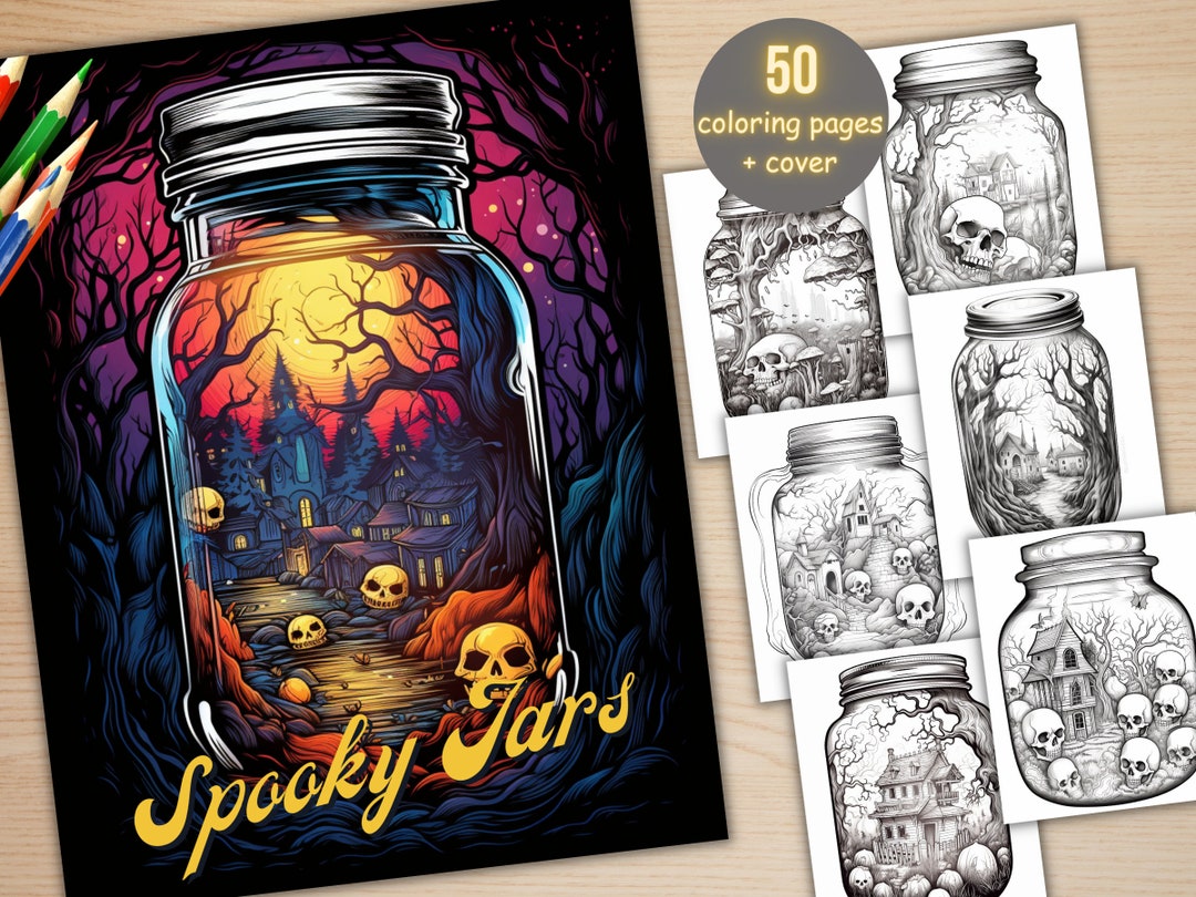 50 Spooky Jars Coloring Book, Printable Gothic Creepy Skull in a Jar ...