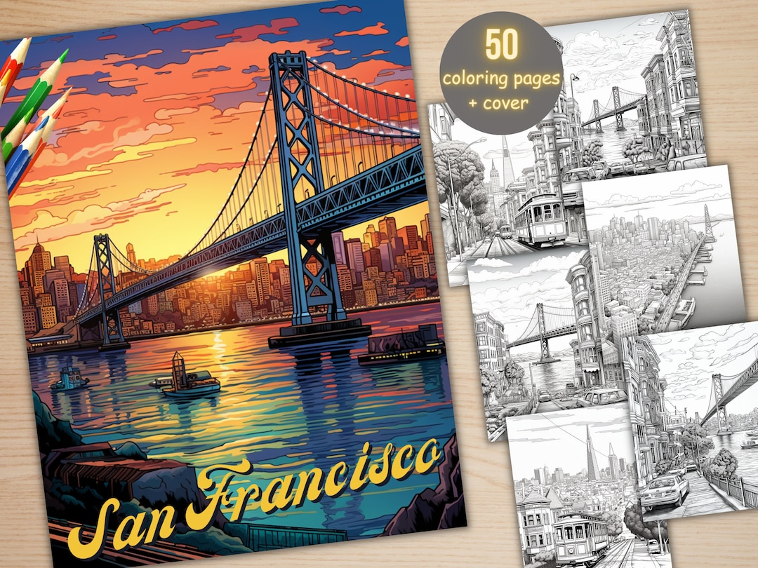 50 San Francisco City Coloring Book, Printable PDF, Cafe Scenes ...