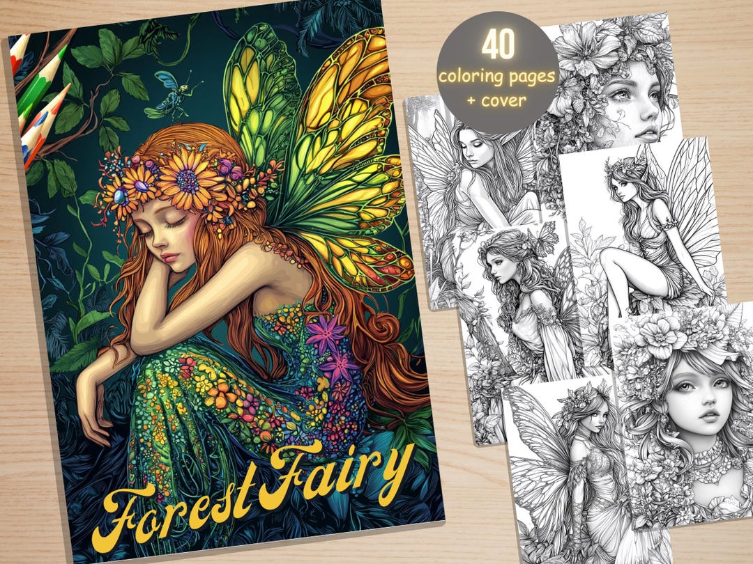 40 Forest Fairy Coloring Book, Fantasy Enhanted Woodland Girl Coloring ...