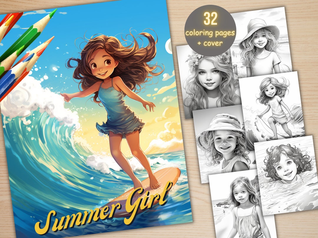 32 Summer Girl Coloring Book, Printable PDF, Little Cute Beach Holiday ...