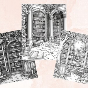 45 Enchanted Library Coloring Book, Printable Fantasy Library Interior ...