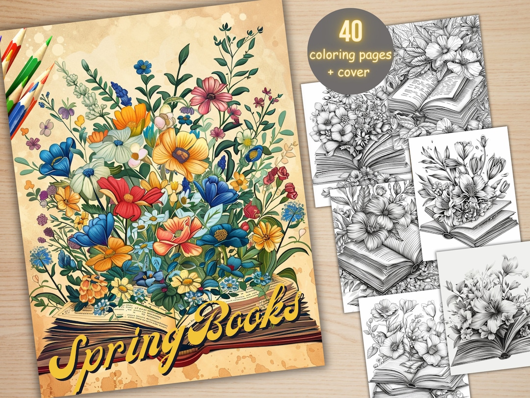 40 Spring Books Coloring Book, Printable Floral Bookworm Coloring Pages ...