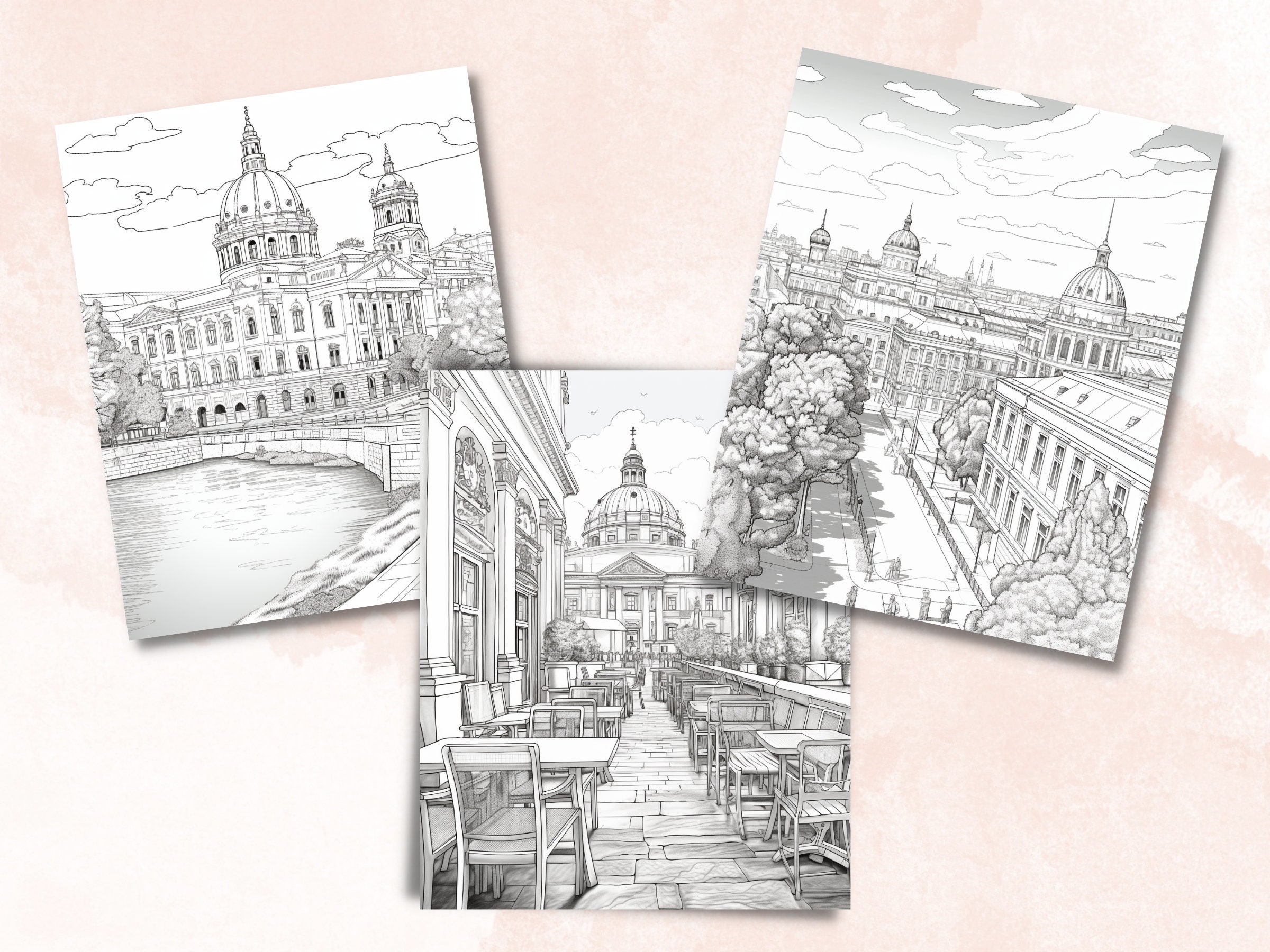 45 Vienna City Coloring Book, Printable PDF, City Cafe Scenes Coloring ...