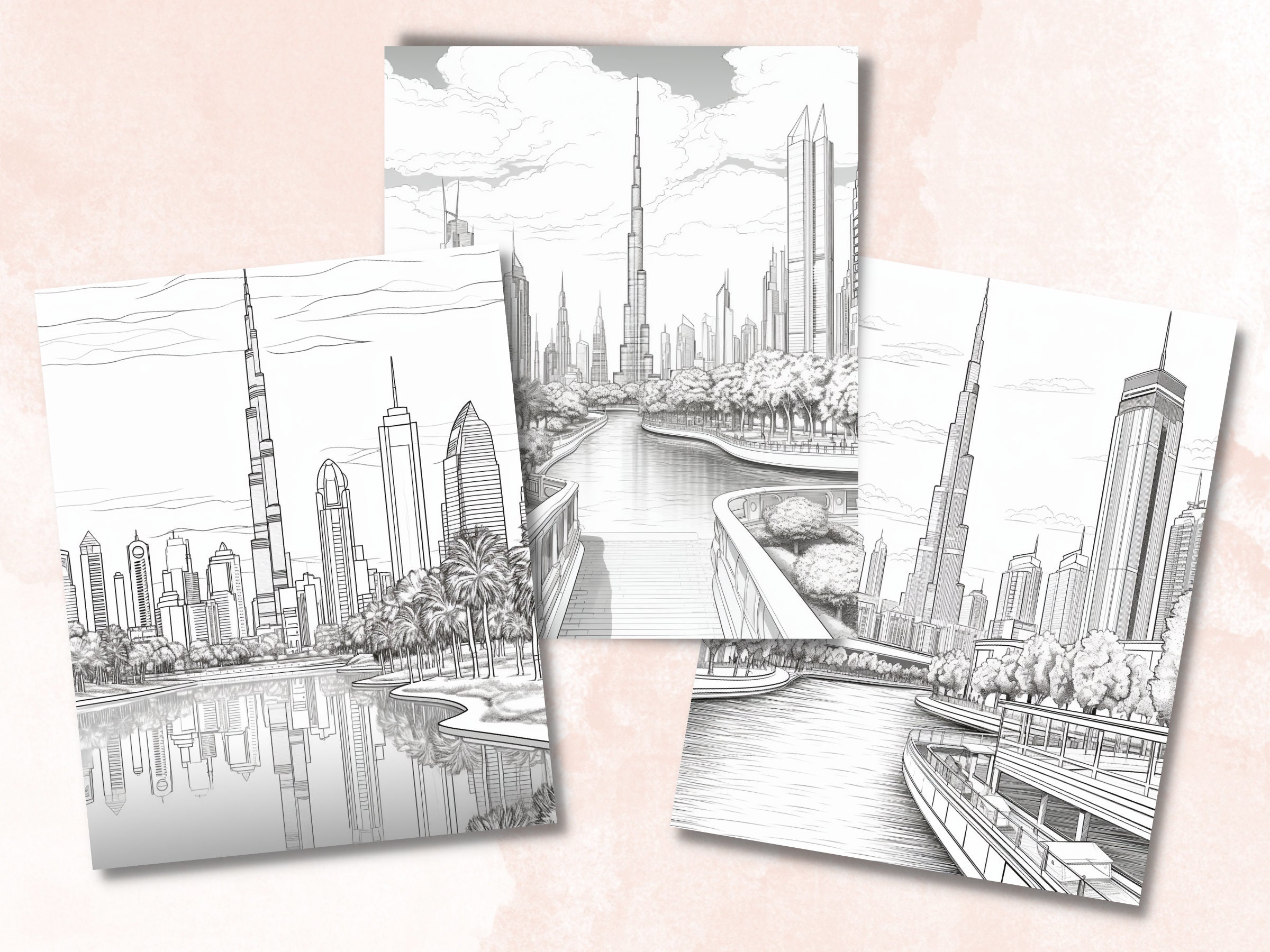 50 Dubai City Coloring Book, Printable PDF, Arabian Cafe Scenes ...