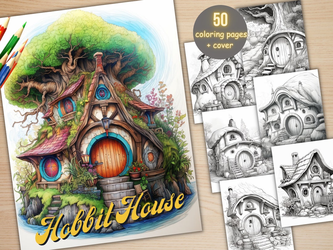 50 Hobbit Tree House Coloring Book, Printable Fantasy Fairy House ...