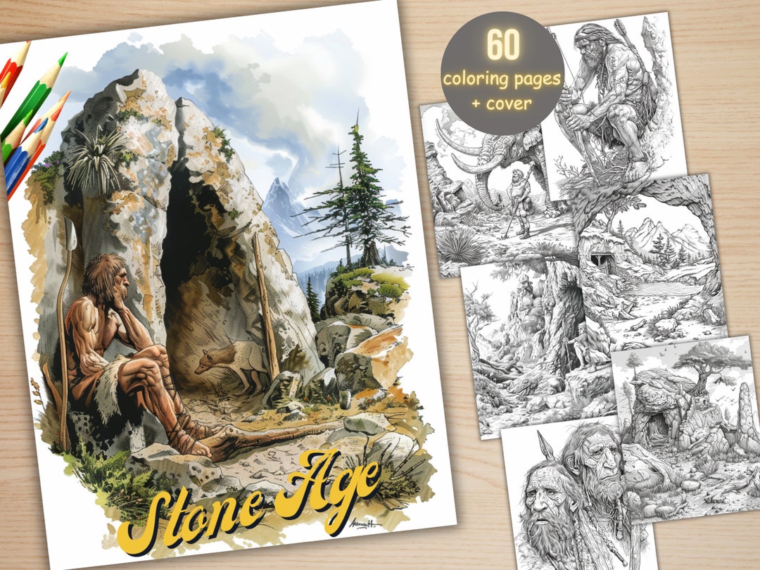 60 Stone Age Scene Coloring Book, Printable PDF, Stone Age Landscape ...