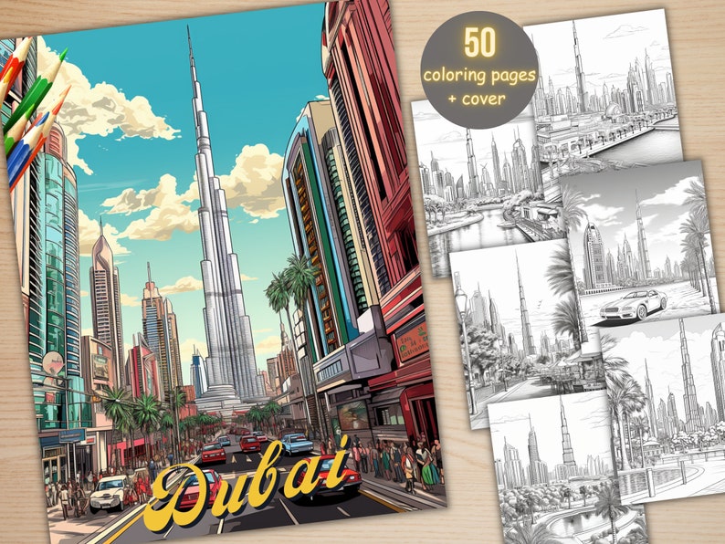 50 Dubai City Coloring Book, Printable PDF, Arabian Cafe Scenes ...