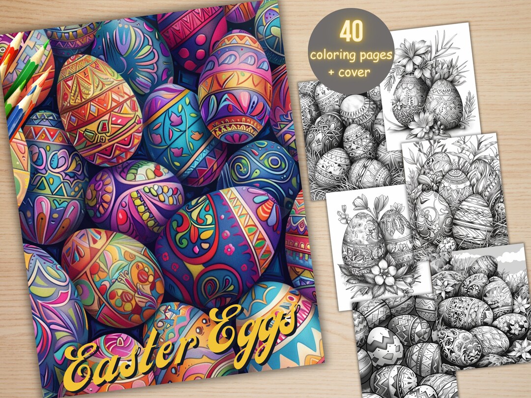40 Easter Eggs Coloring Book, Printable Easter Egg Scenes Coloring ...