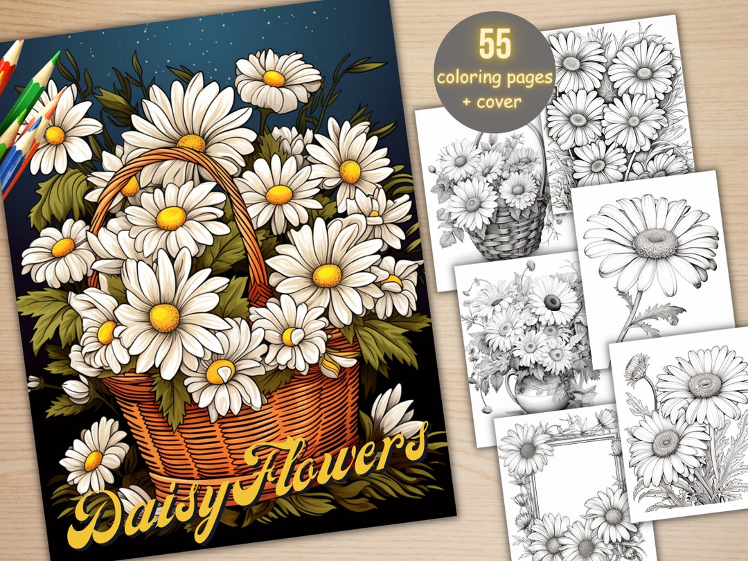 55 Daisy Flowers Coloring Book, Printable PDF, Botanical Floral Plant ...