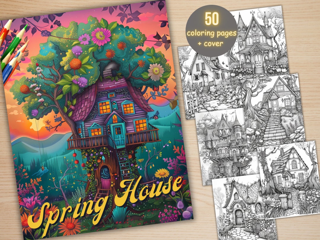 50 Spring Houses Coloring Book, Printable Floral Fairy House Coloring ...