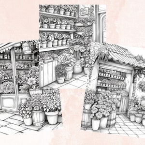 70 Flower Shop Scenes Coloring Book, Printable Flower Storefront ...