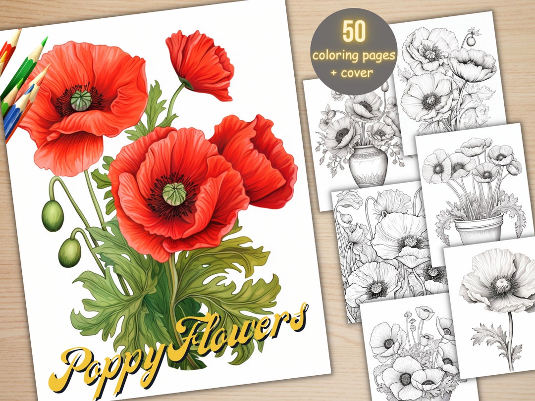50 Poppy Flowers Coloring Book, Printable PDF, Botanical Floral Plant ...