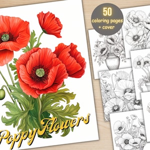 50 Poppy Flowers Coloring Book, Printable PDF, Botanical Floral Plant ...