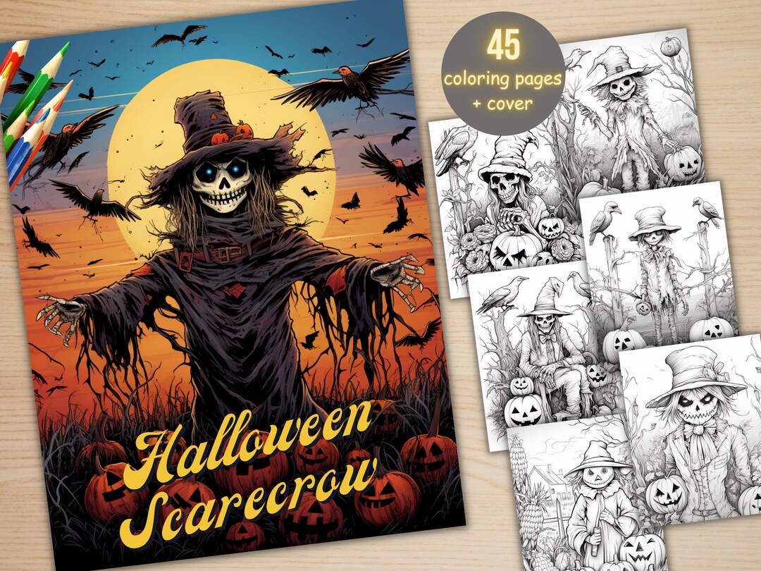 45 Halloween Scarecrow Coloring Book, Printable Cute Creepy Scarecrow ...