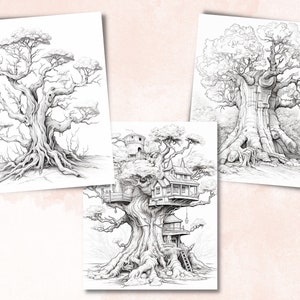 50 Fantasy Tree Coloring Book, Printable Enchanted Tree House Coloring ...