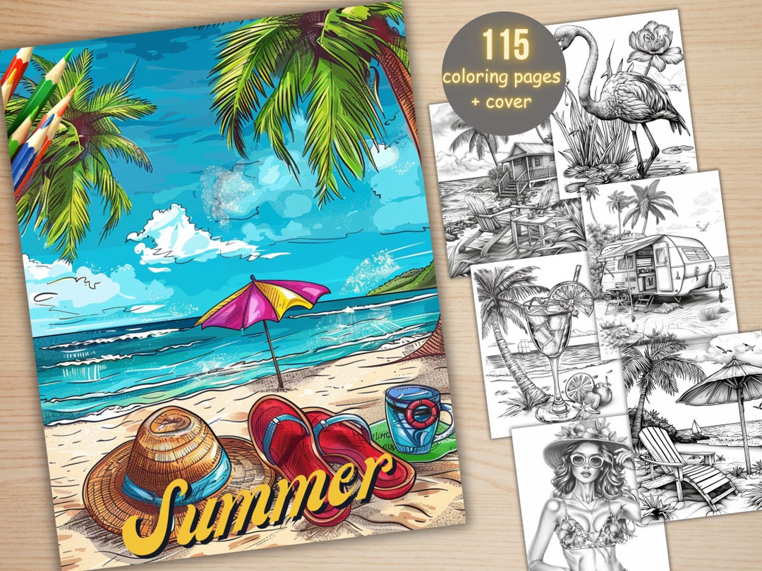 115 Summer Bundle Coloring Book, Printable Summer Beach Scenes Coloring ...