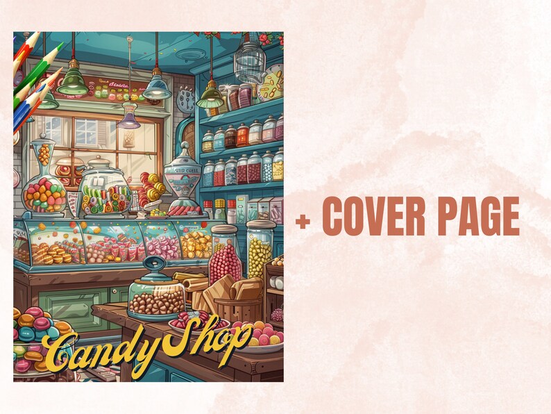 50 Candy Shop Scenes Coloring Book, Printable Candy Storefront Coloring ...