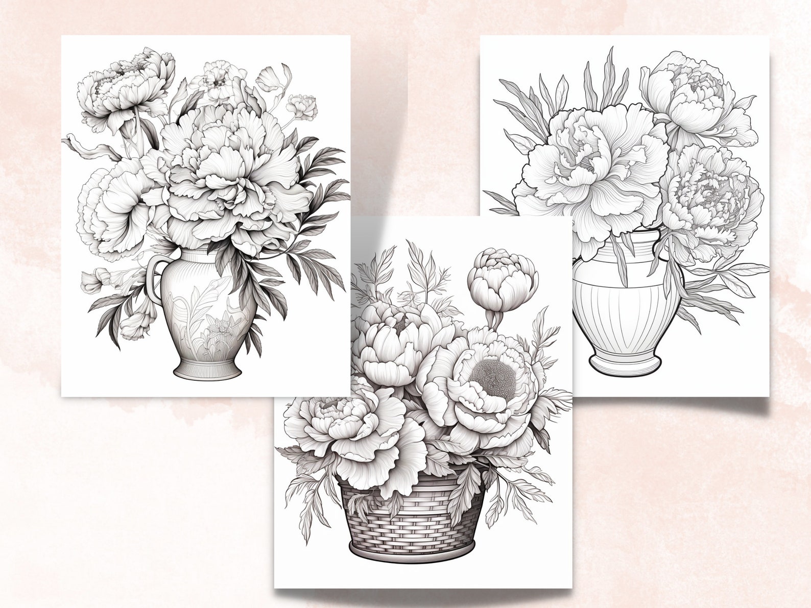 55 Peony Flowers Coloring Book, Printable PDF, Botanical Floral Plant ...