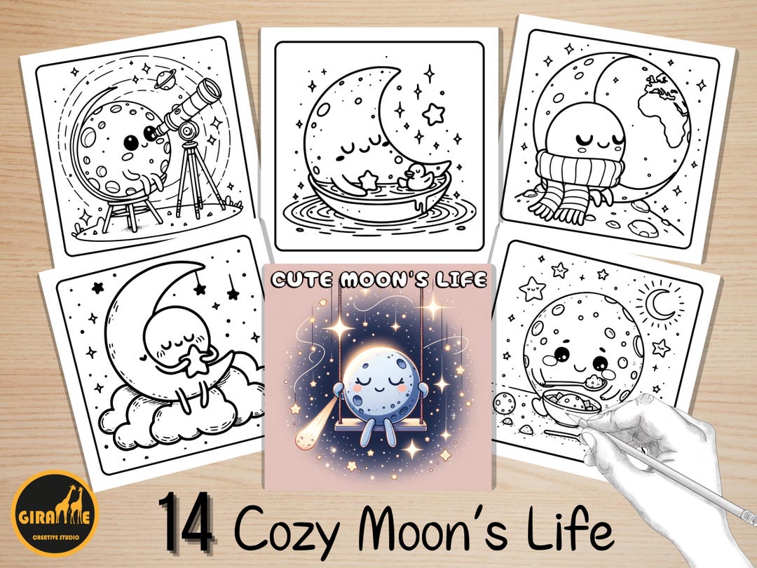 Bold and Easy Coloring Book, Cute Cozy Moon Coloring Pages, Kawaii ...