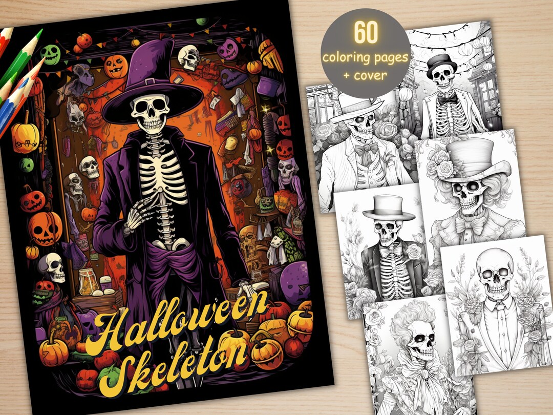 60 Halloween Skeleton Coloring Book, Printable Creepy Horror Skull ...