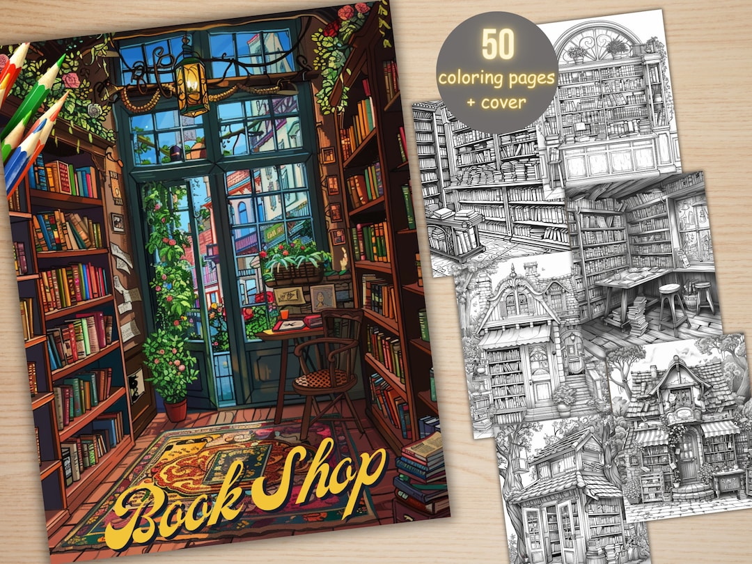 50 Book Shop Coloring Book, Printable Floral Book Storefront Coloring ...